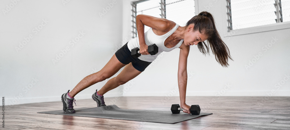 Home Fitness Plank Row Workout Asian Woman Training Arms Doing Rowing