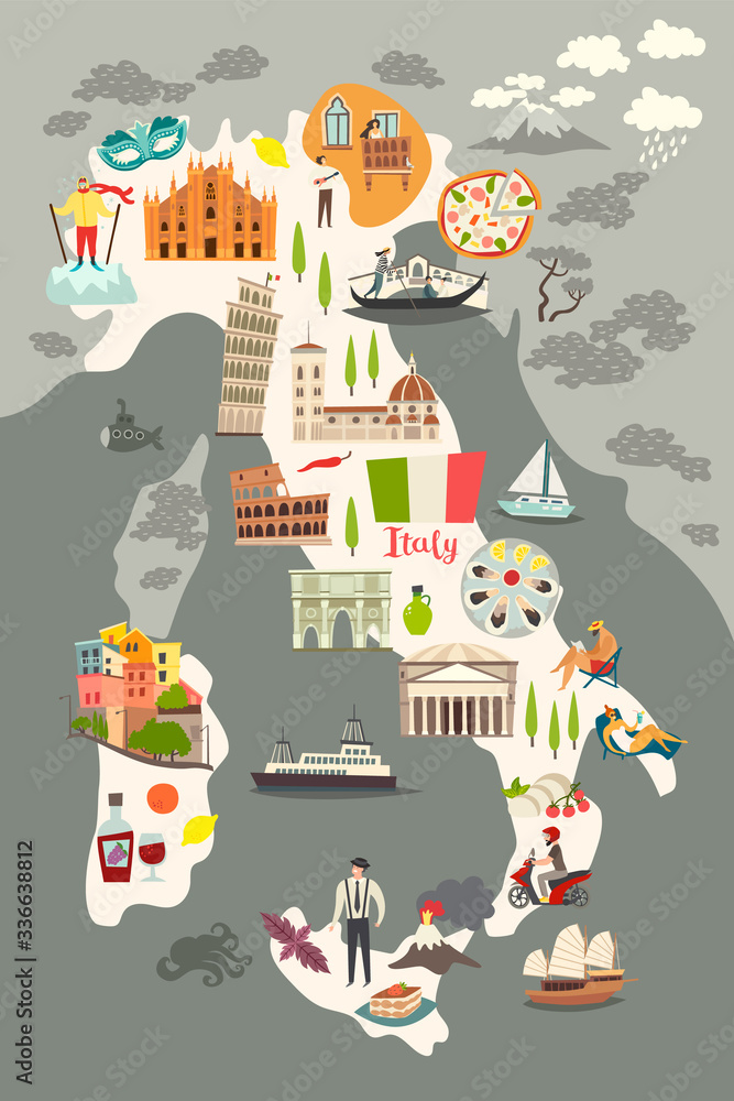 Italy poster. Cartoon map of Italy for kid/children. Italian landmarks ...