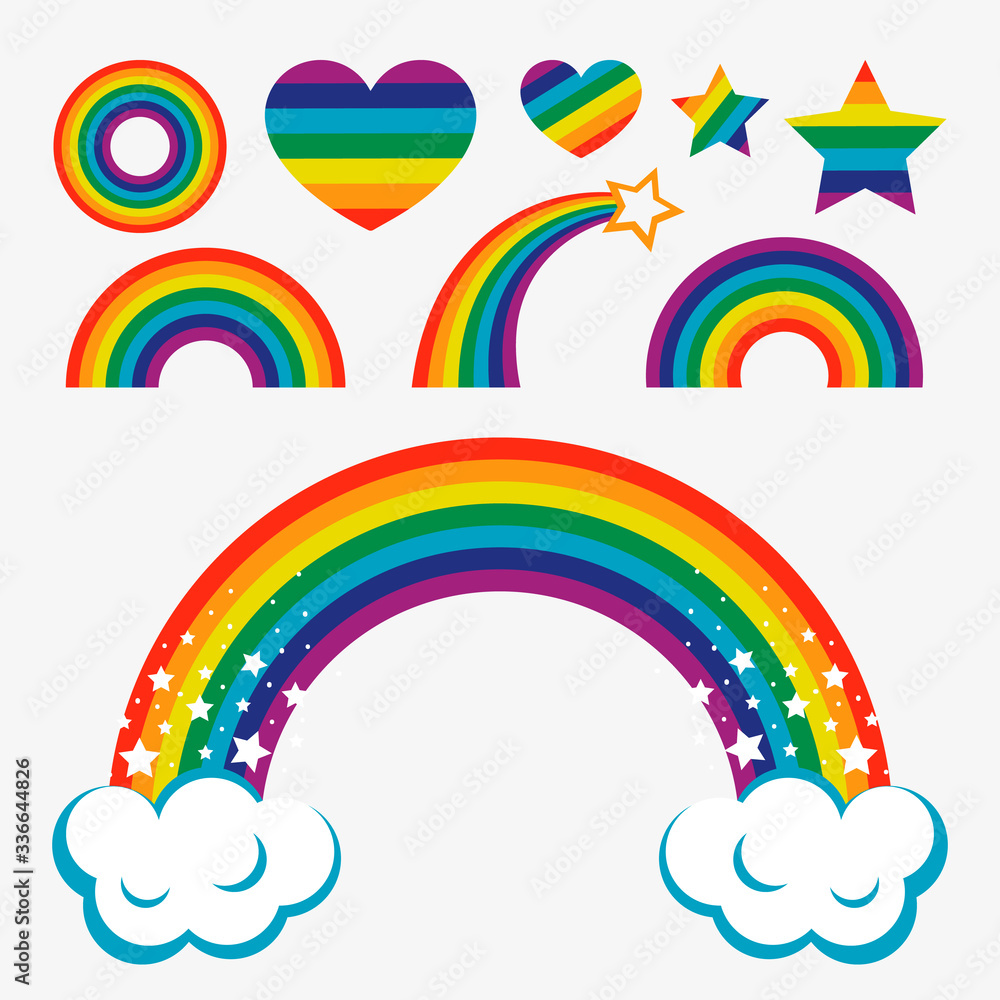 Collection of Bright Colorful Rainbows of Different Shapes with Clouds ...