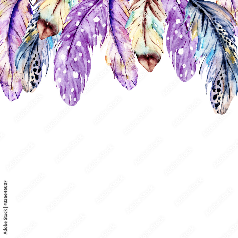 Background with bird feathers, frame border. Watercolor painting. Place ...