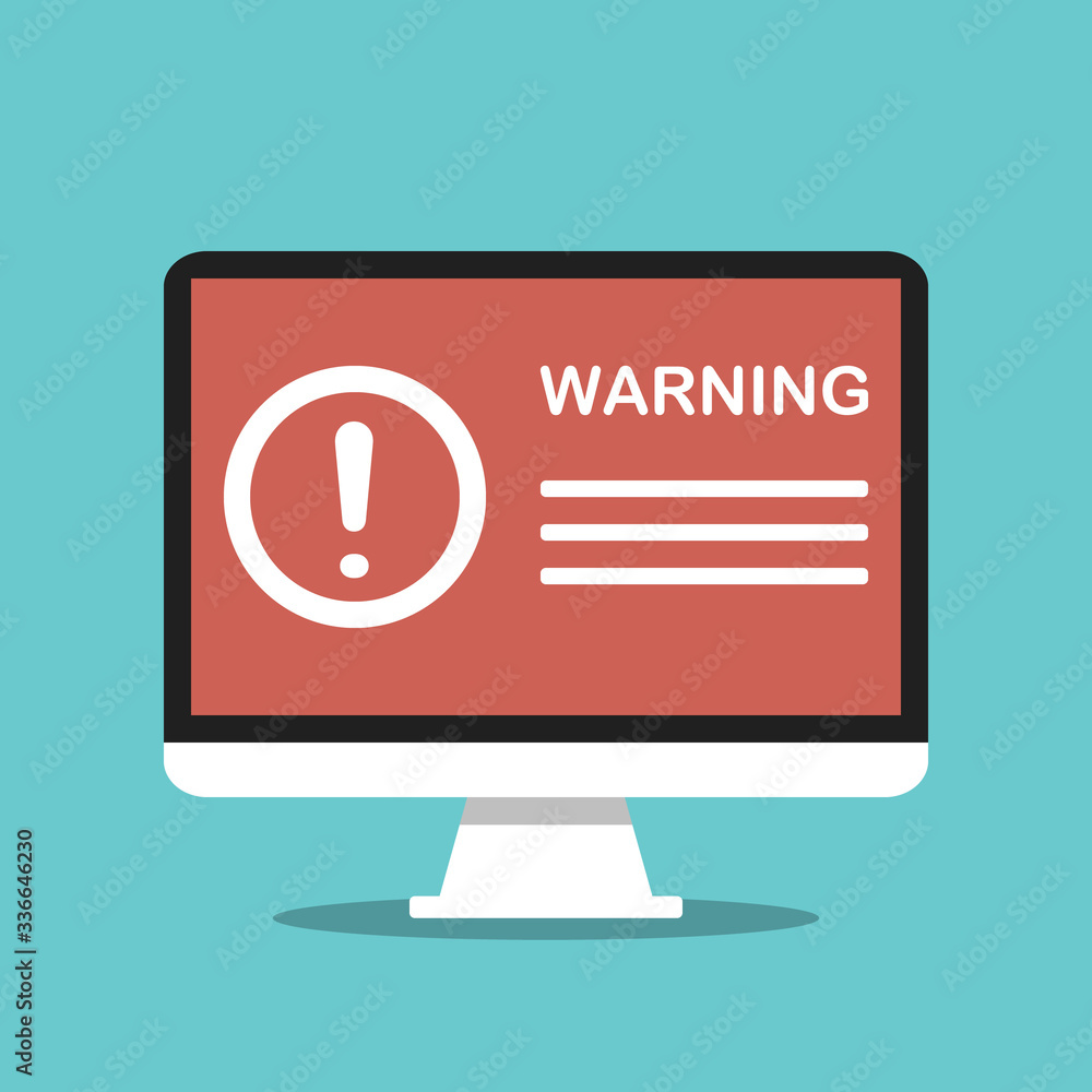 warning message with round exclamation sign on pc computer display ...