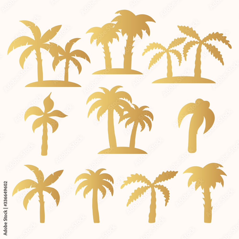 Hand drawn golden tropical trees silhouette set. Gold palm, banana ...