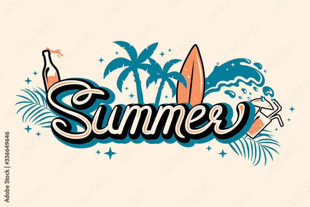 Summer lettering print. Cocktail, surf, waves, tropic leaves, palm ...