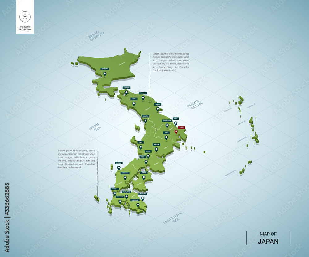 Stylized map of Japan. Isometric 3D green map with cities, borders ...