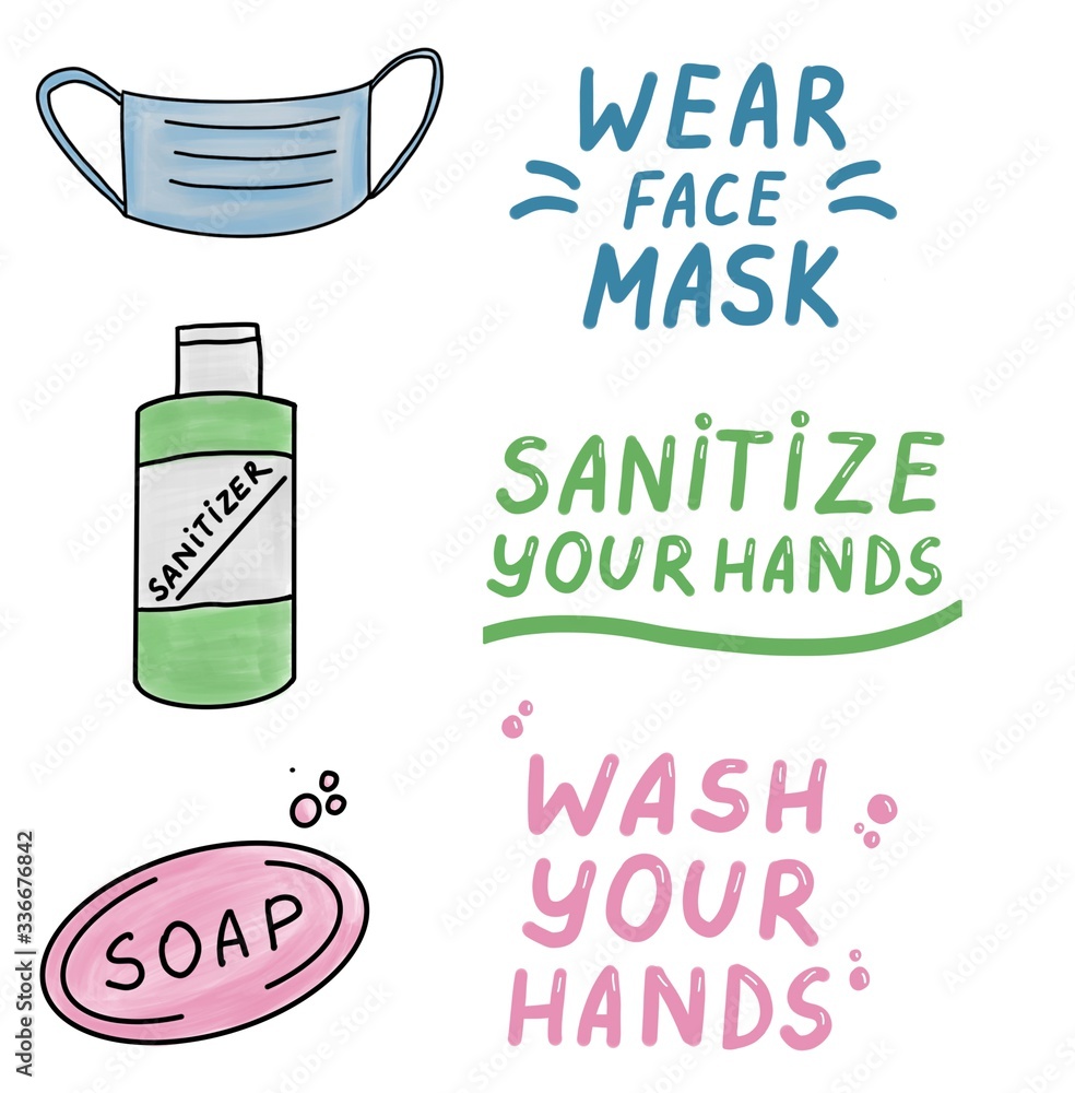 Wear a face mask. Wash your hands. Sanitize your hands. Icons trendy ...