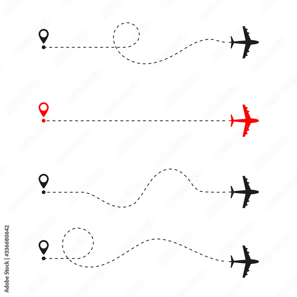 Abstract air flight routes icon set. Start check in, plane silhouette ...