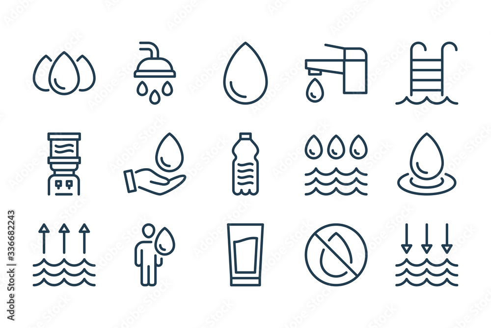 Water and Water drop related line icons. Drink and Swim vector linear ...