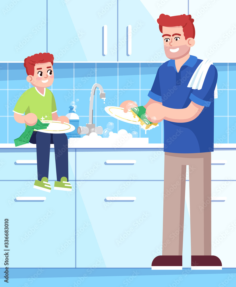 Father and son washing up together flat vector illustration. Male ...