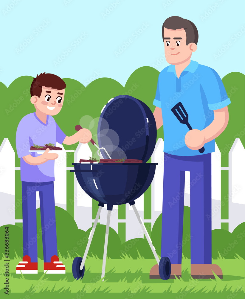 Daddy and son cooking barbecue outside together flat vector ...