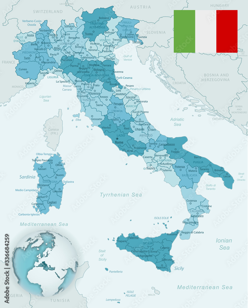 Blue-green detailed map of Italy and administrative divisions with ...