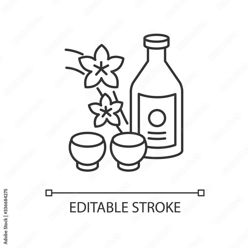 Sake pixel perfect linear icon. Japanese rice wine and sakura branch ...