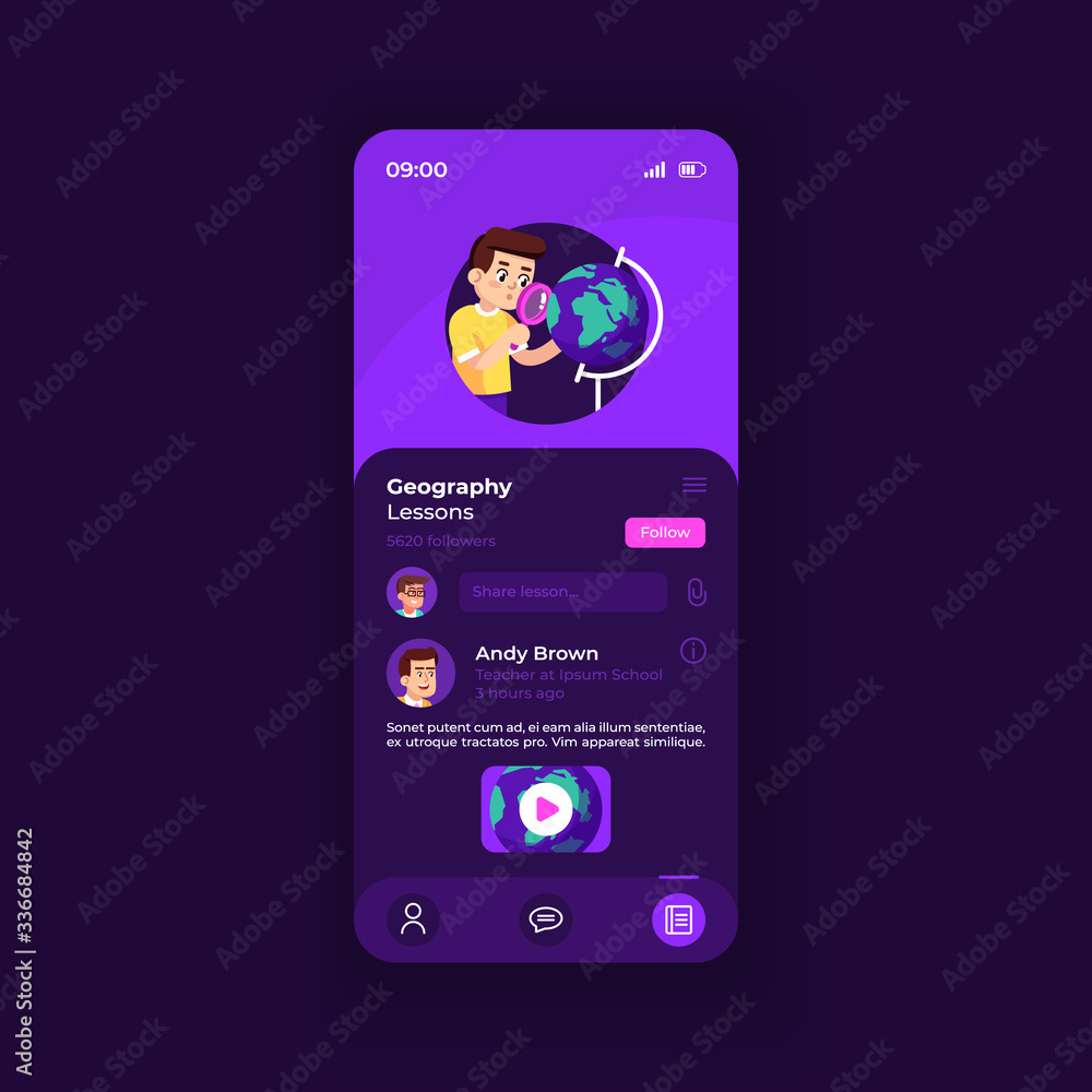 Educational application smartphone interface vector template. Mobile app page dark theme design ...