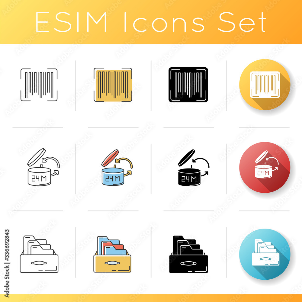 Inventory management icons set. Product barcode and shelf life, quality ...