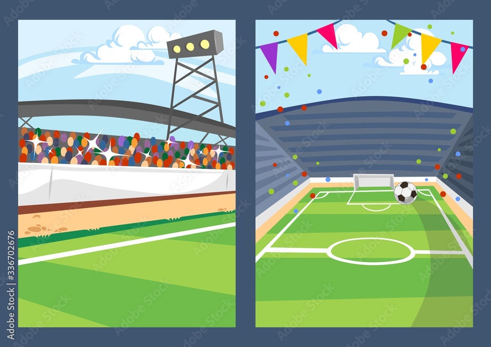 Green football fields with marking and stands set vector illustration ...