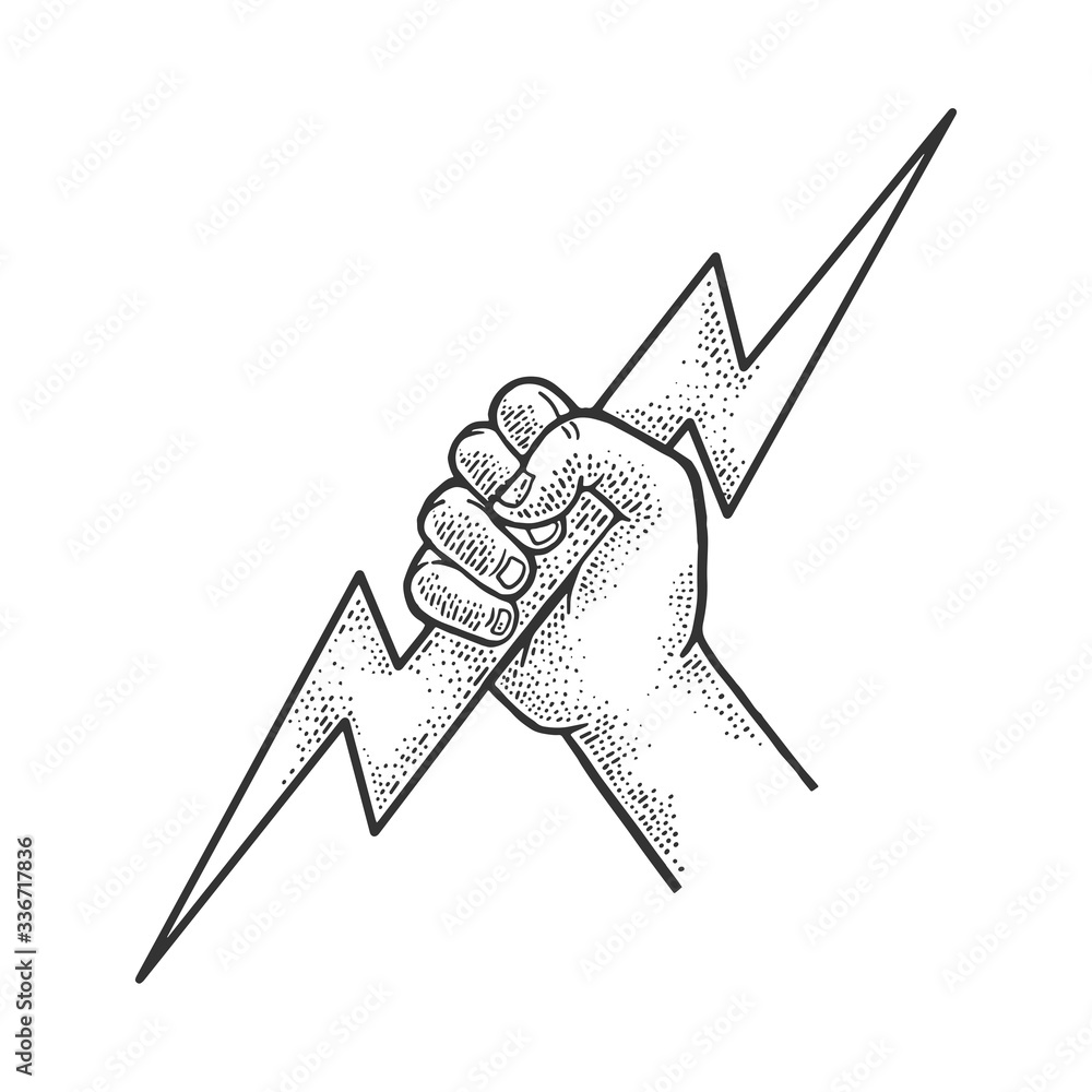 hand of god zeus with lightning sketch engraving vector illustration. T ...