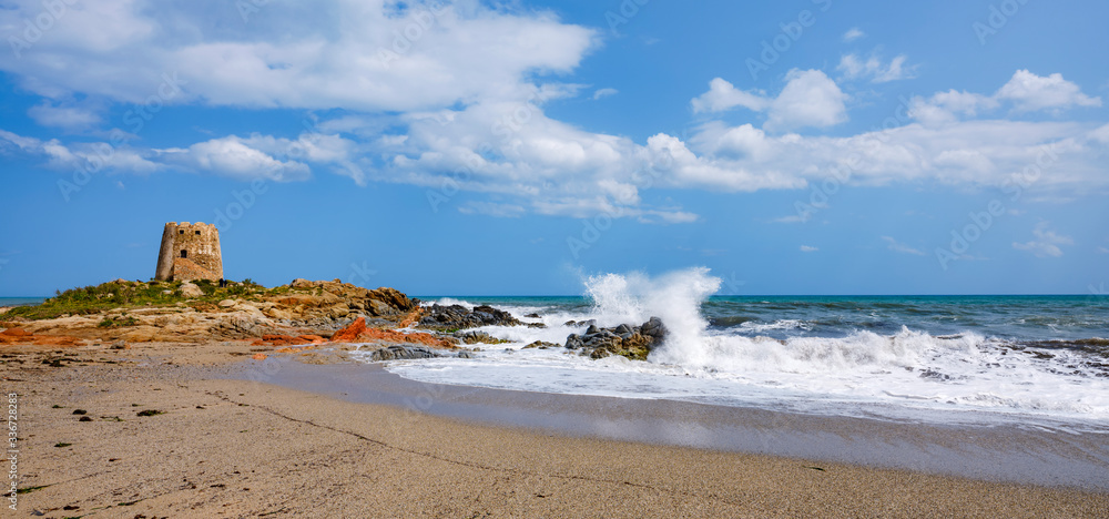 The symbol of the city of Bari Sardo, "Torre di Barì", a tower built on ...