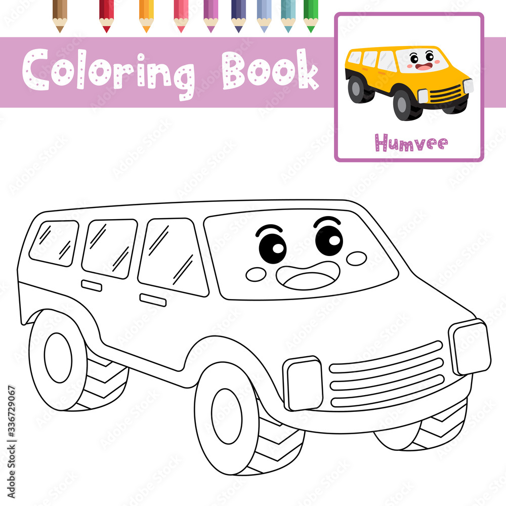 Coloring page Humvee cartoon character perspective view vector ...