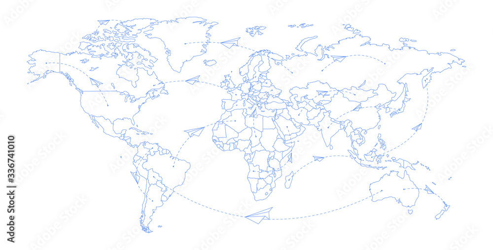 World map plane tracks. Aviation track path on world map, airplane ...