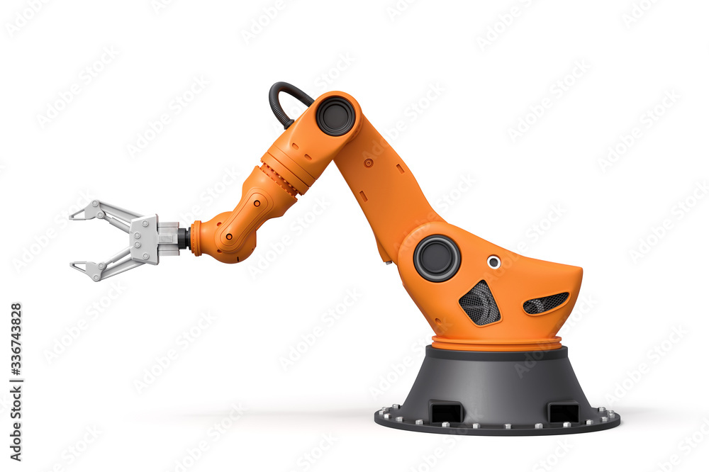 3d rendering of orange robotic arm with grey gripper standing on white ...
