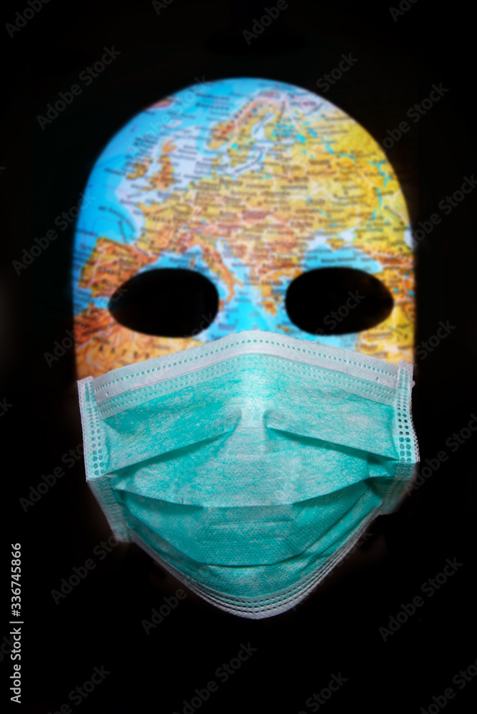 Textured mask with the map of Europe wearing surgical mask. Concept for ...