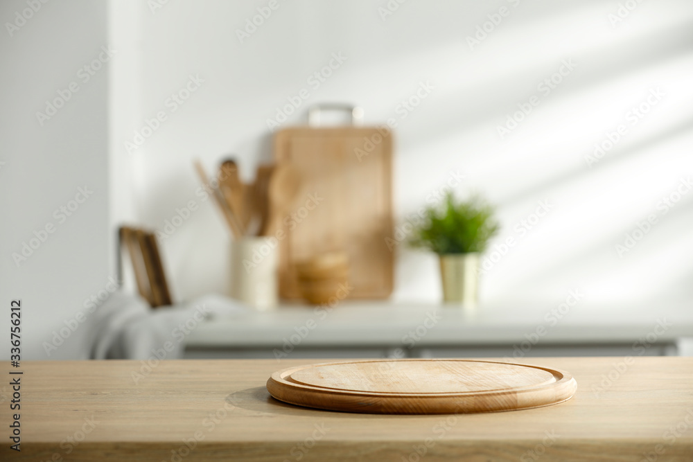 Table background of free space and kitchen interior with white wall and ...