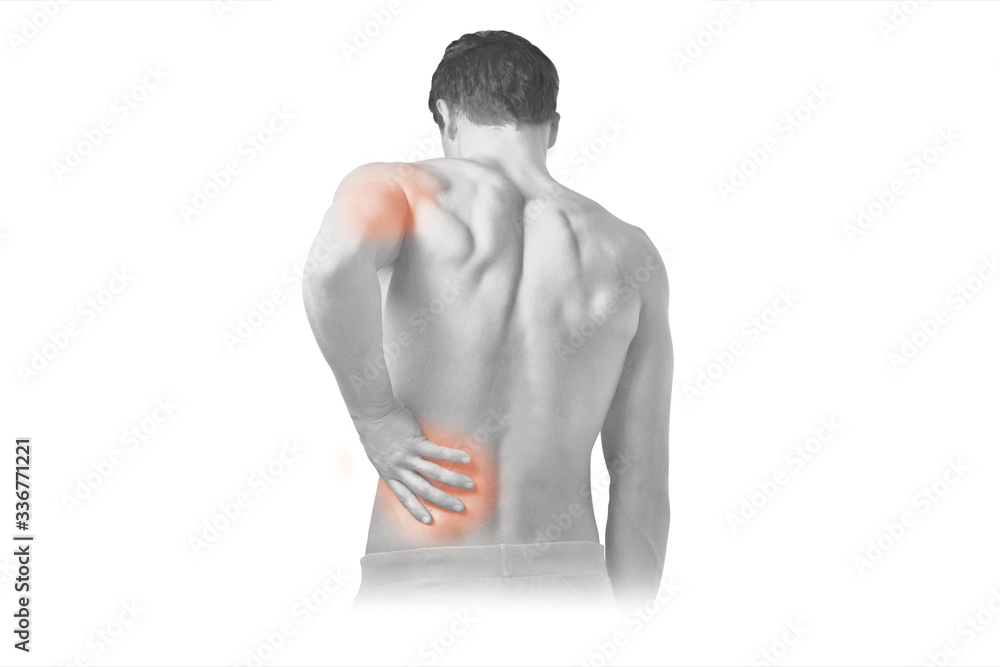 Backache. Back pain concept, man suffering from backache, red inflamed ...