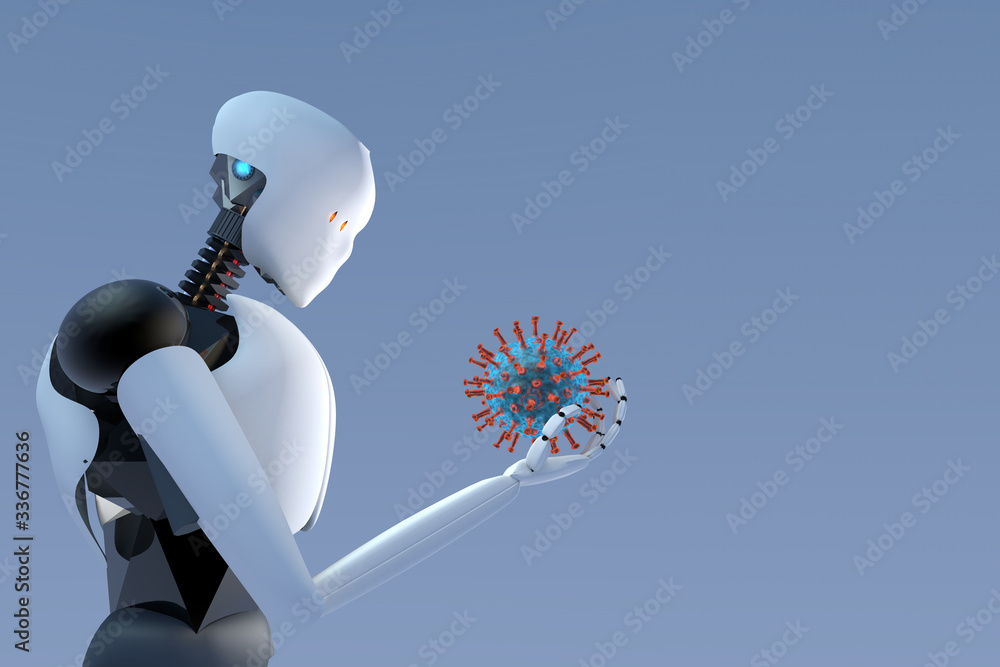 Artificial intelligence humanoid robot holding Corona Virus (Covid-19 ...