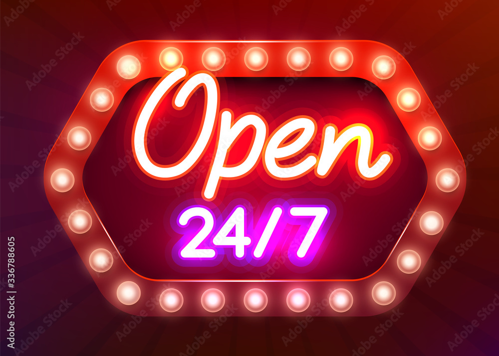 24 7 Neon Sinboard Vector. Open all day neon sign, design template ...
