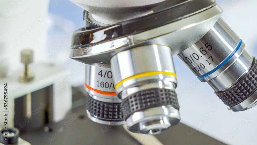 Closer look of the objective lens of the microscope lab Stock Photo ...