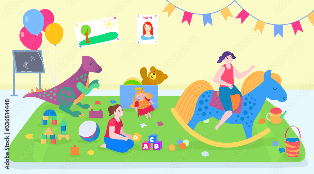 Kids friend play toys at home vector illustration. Cartoon flat active ...