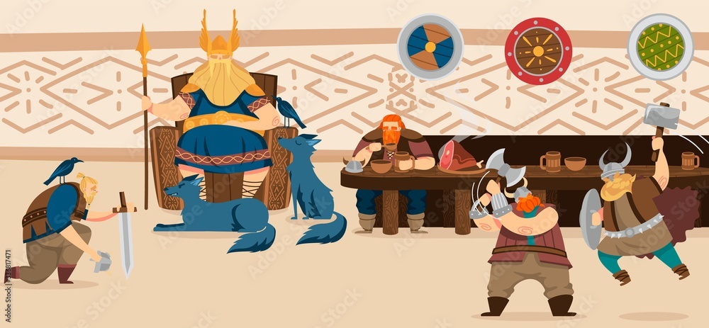 Poster Vikings and scandinavian warriors repast cartoon vector ...