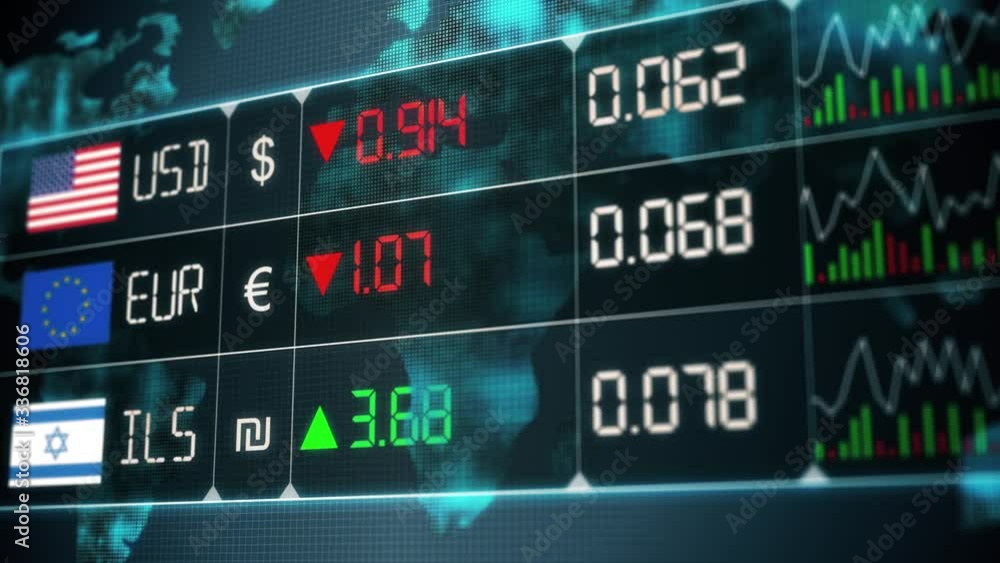 Evolution of Israeli new shekel, Euro, US dollar currencies with up and ...