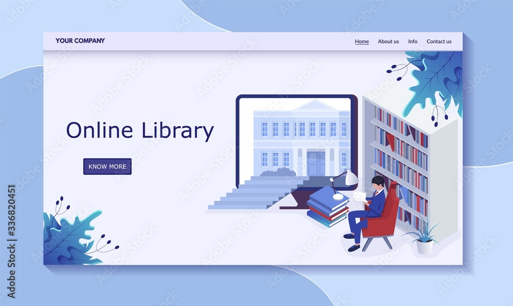 Online library concept, man in book depository, reading book, vector ...