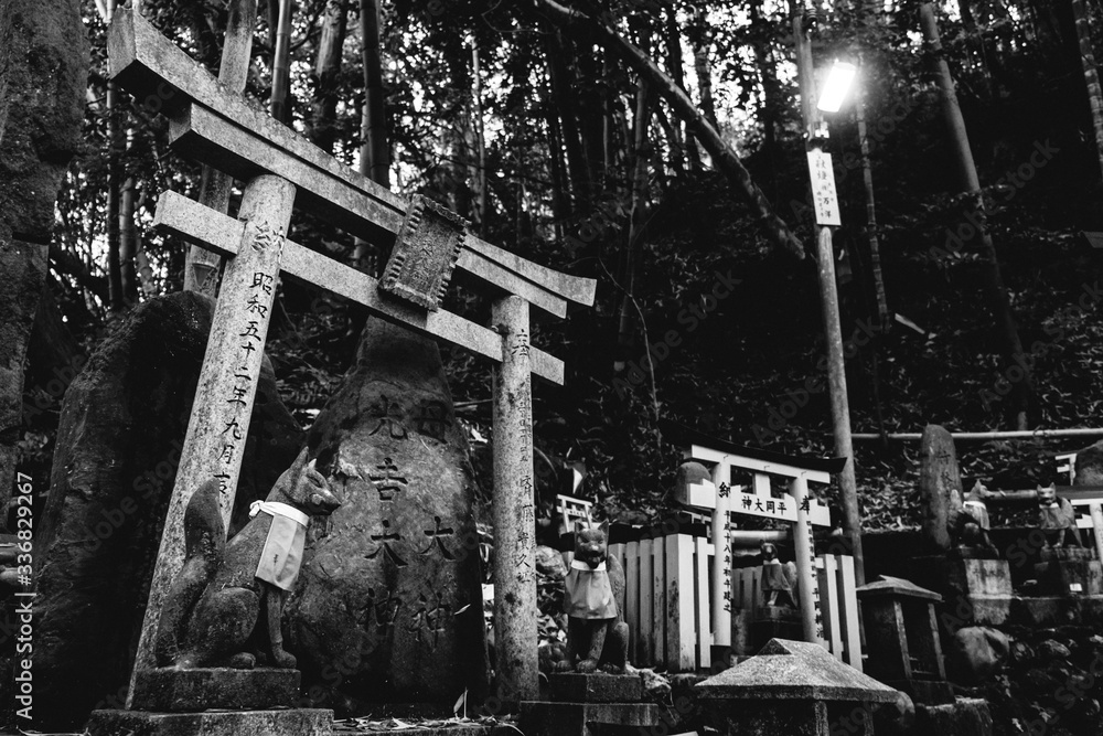 Fox (kitsune) stone statues, torii gates and rock with kanjis at ...