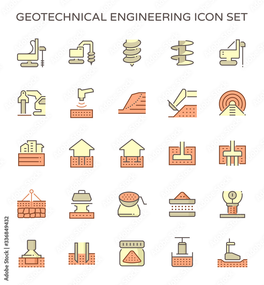 Geotechnical engineering, geotechnics and geology vector icon with ...