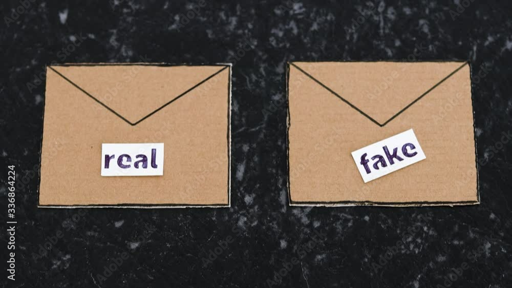 online scams concept, email envelop icons with real vs fake labels on ...