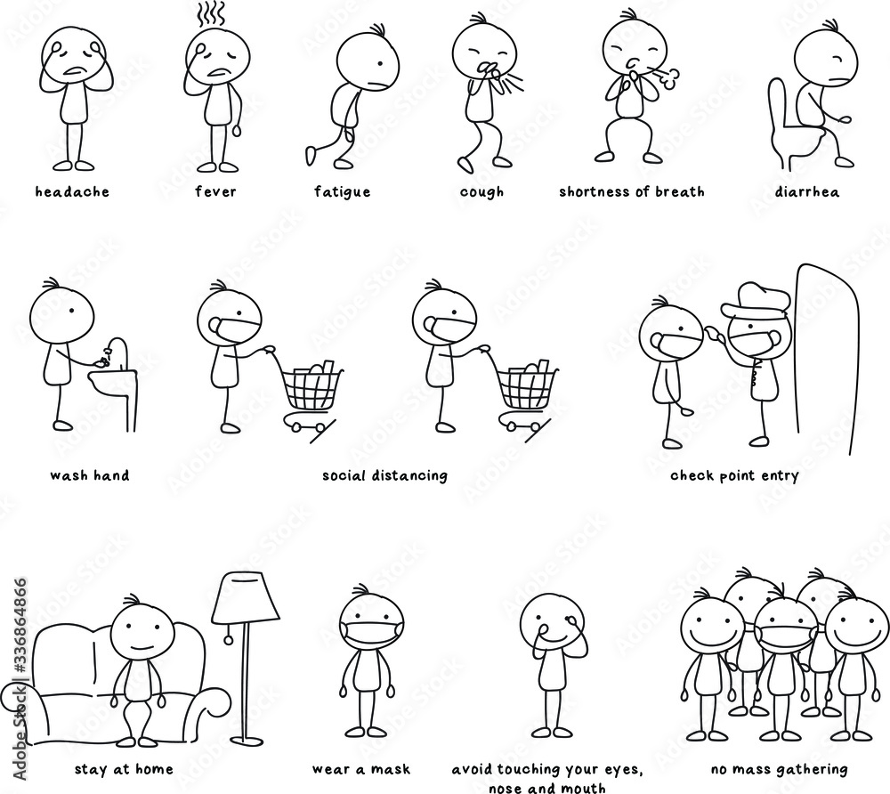 Stick figure virus transmission pandemic safety precaution and symptoms ...