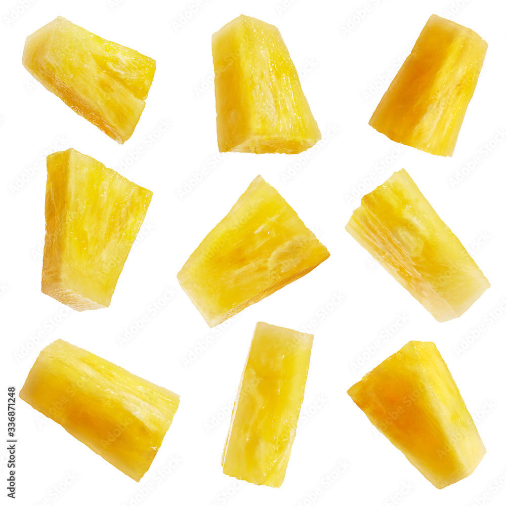 Set of pineapple chunks or pineapple slices isolated on white Stock ...