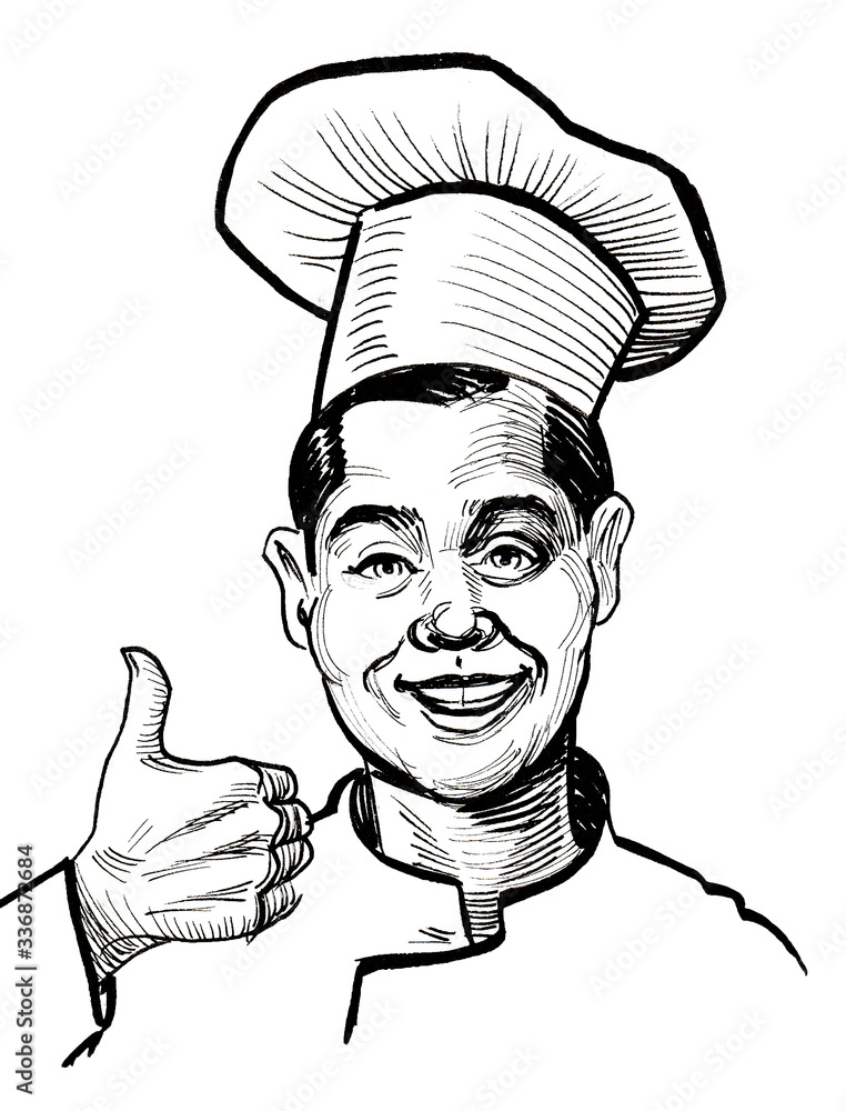 Happy smiling chef showing big thumb. Ink black and white drawing Stock ...
