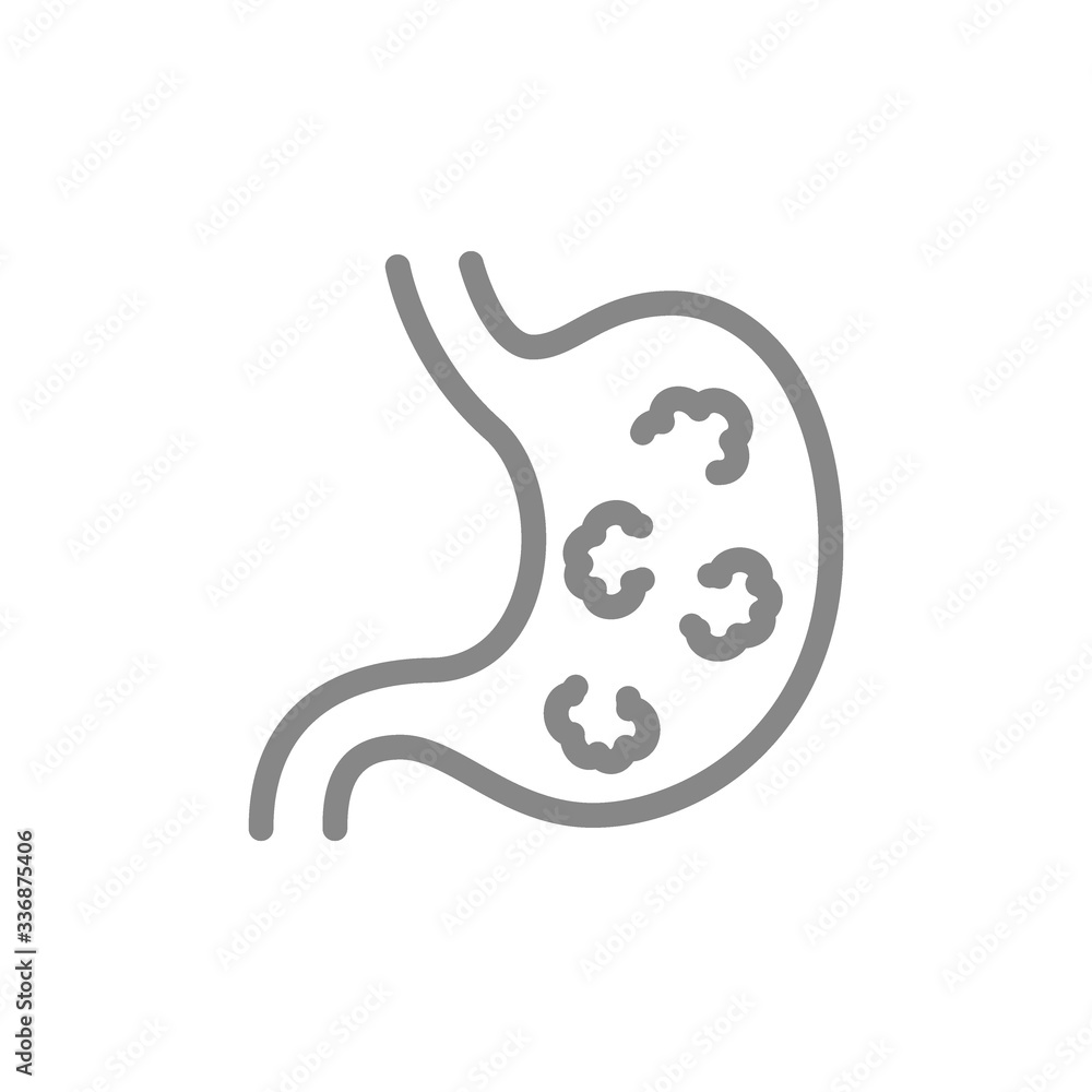 Stomach with tumors line icon. Stomach cancer, disease internal organ ...