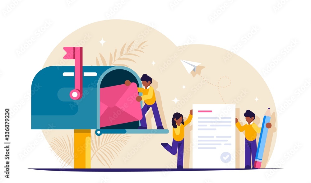 People write and send letters through the mailbox. Little character ...