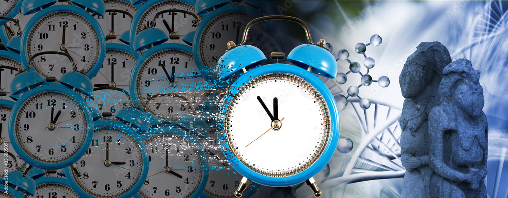 image of an alarm clock from which particles come off forming a stream ...