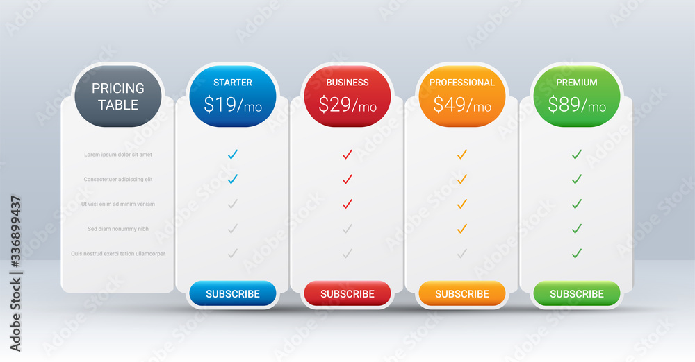 Price comparison table layout template for four products, vector ...