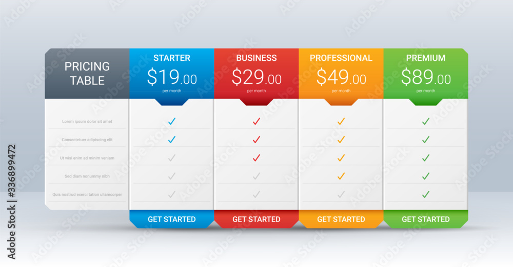 Price comparison table layout template for four products, vector ...
