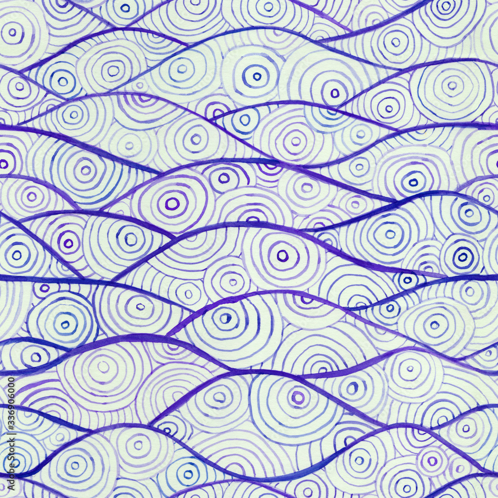 Sea waves seamless pattern. Blue abstract watercolor wavy lines and ...