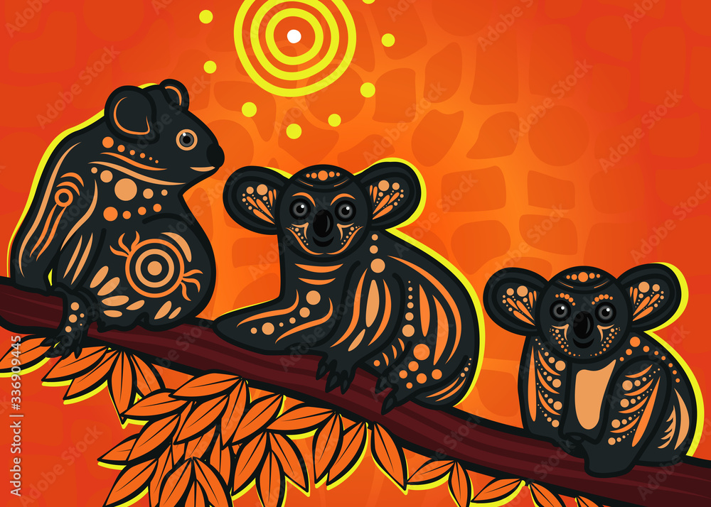 Koala family on wood branch. Aboriginal art vector with koalas bear ...