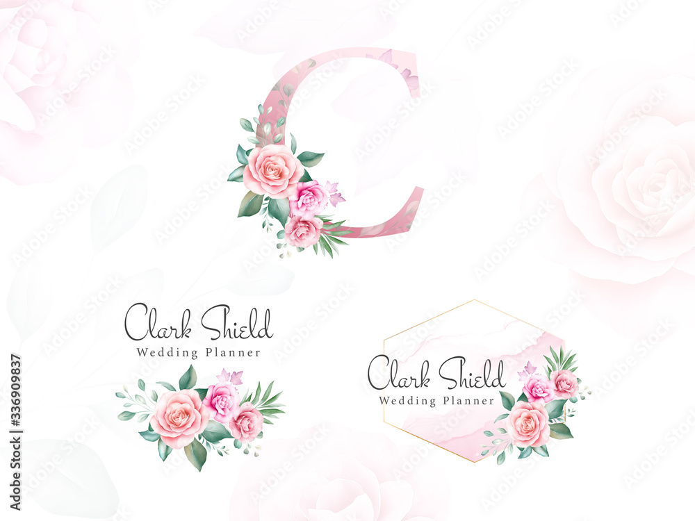 Watercolor floral logo set for initial C of peach roses and leaves ...