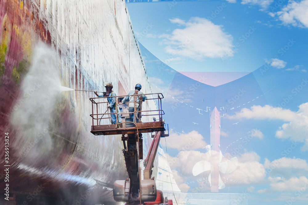 Double exposure washing and cleaning ship, two worker cleaning ship by ...
