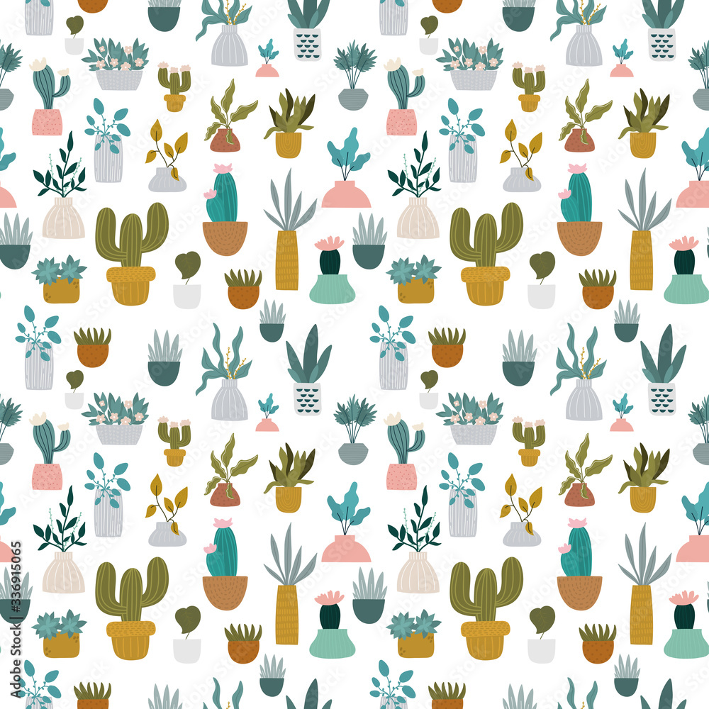 Seamless childish pattern with home plants, cactuses, succulents. Hand ...