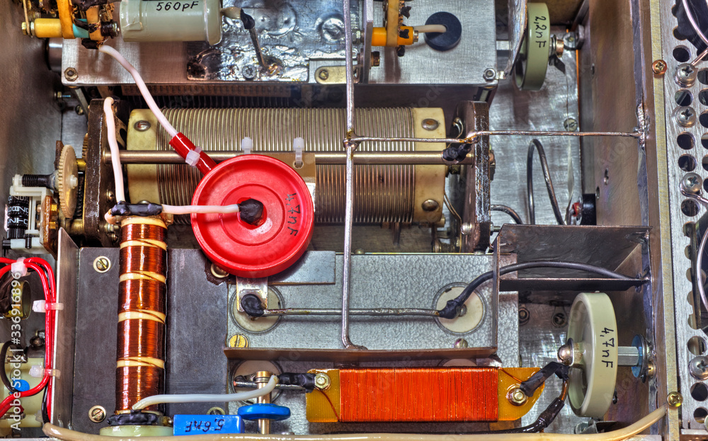 Inside view of high frequency power amplifier with capacitors, coils ...